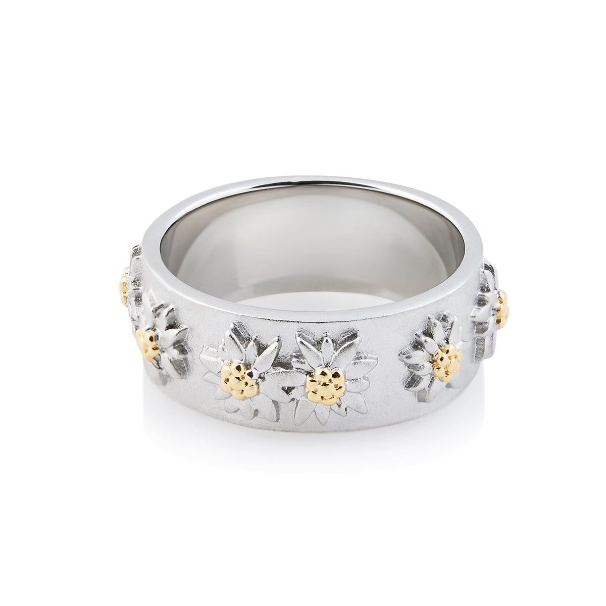 Sterling Silver Ring with Bicolor Edelweiss on Flat Profile, Satin ...