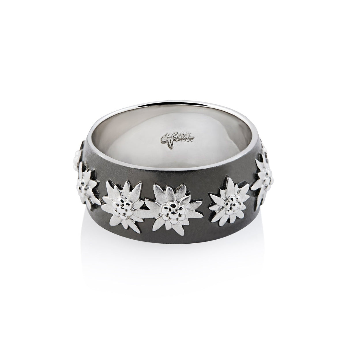 Ring aus Sterlingsilber mit Edelweiss auf Halbmondprofil, schwarz rhod ...