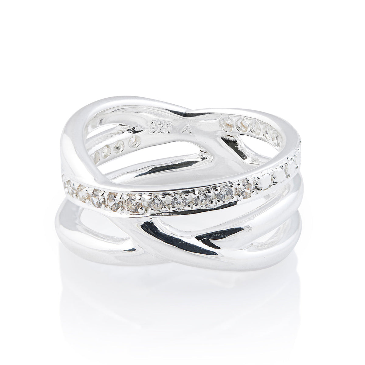 Sterling silver ring featuring three interlocking rings with 2mm white ...