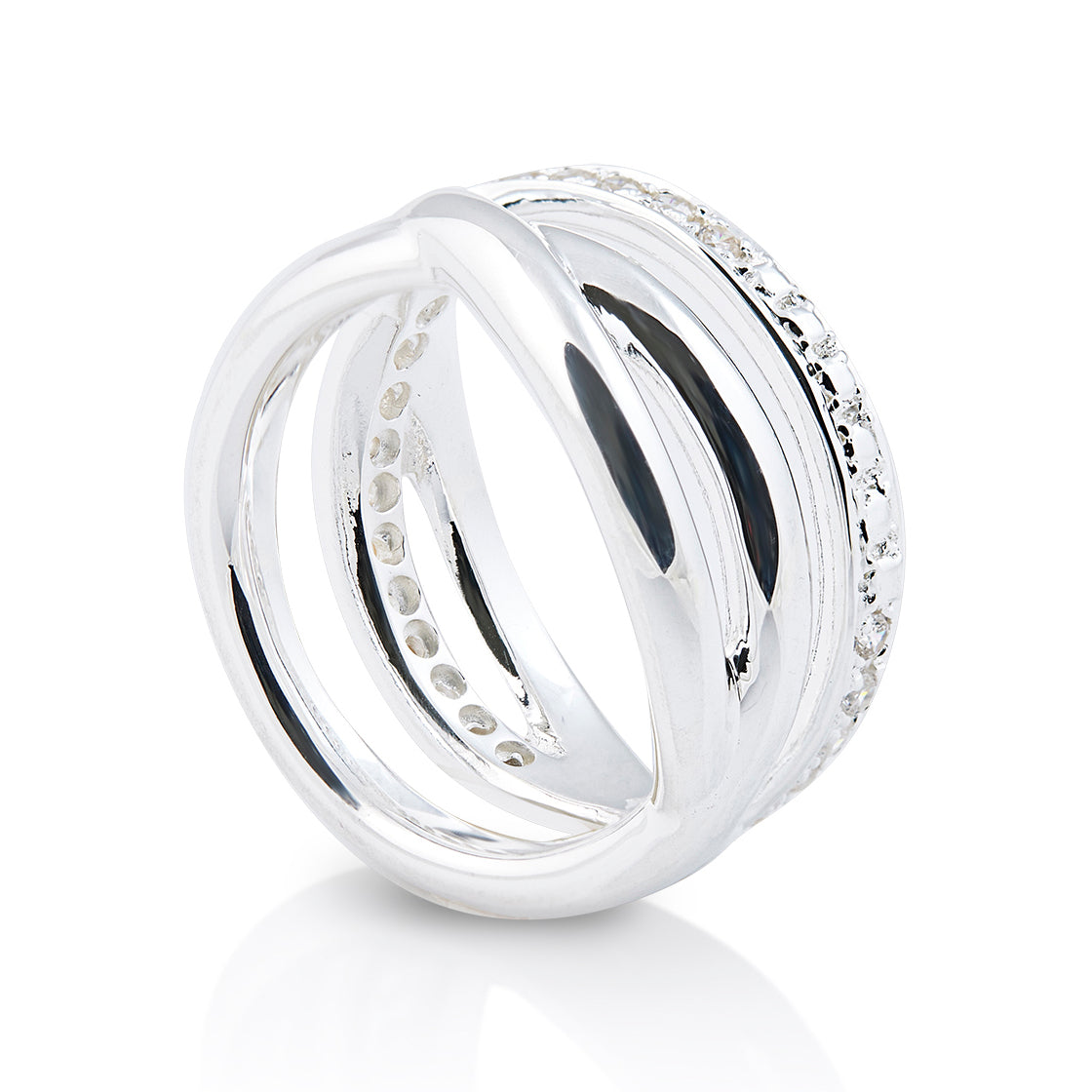 Sterling silver ring featuring three interlocking rings with 2mm white ...