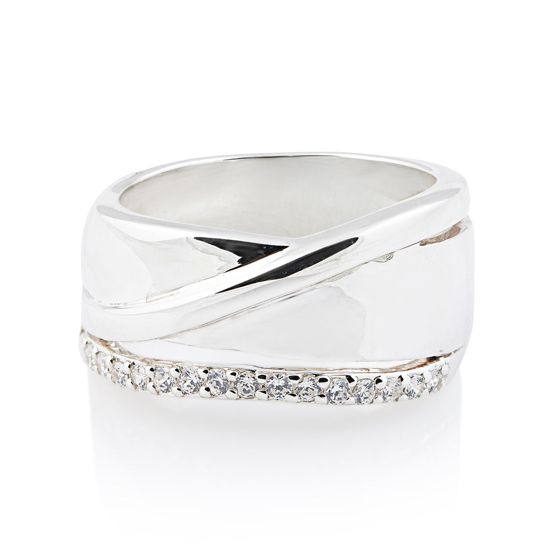 Wide Sterling Silver ring adorned with a line of 2mm white Zirconia ...